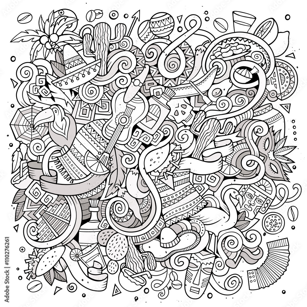 Cartoon hand-drawn doodles Latin American illustration. Line art Stock ...