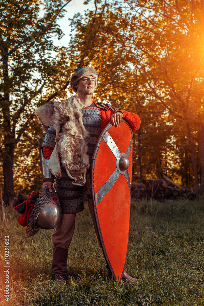 Brave slavic warrior with shield on the summer forest background Stock ...