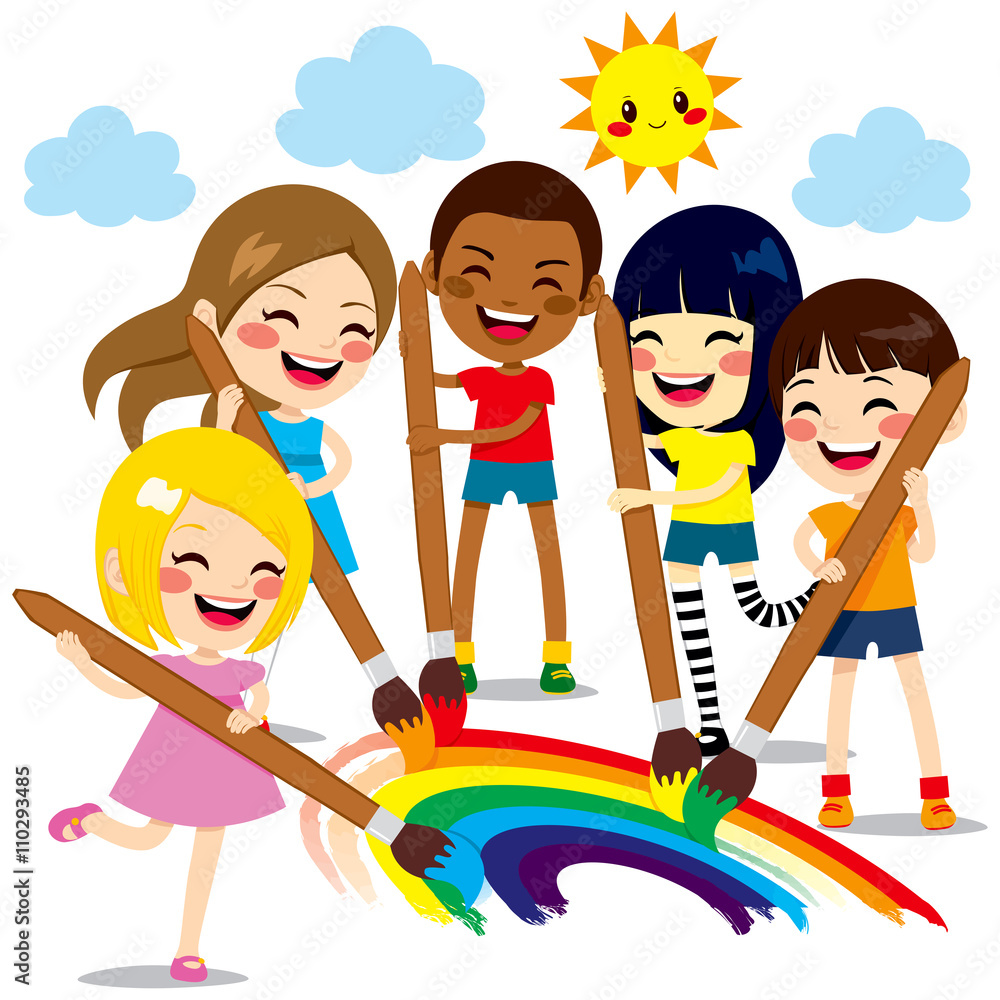 Five cute little kids painting together a beautiful colorful rainbow ...