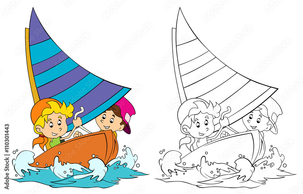 Cartoon children having fun sailing - with coloring page - illustration ...