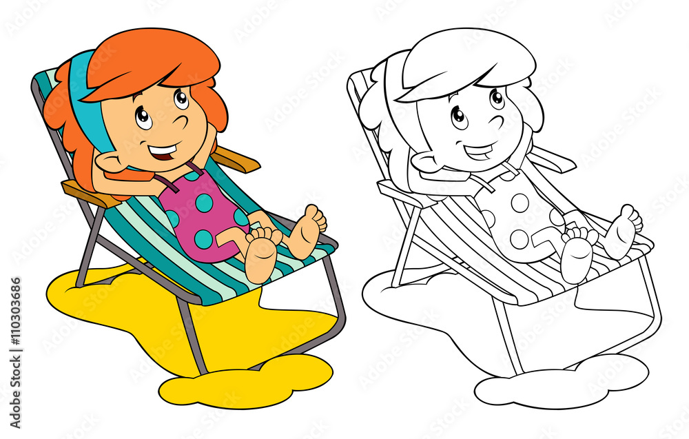 Coloring child having fun tanning - with coloring page - illustration ...