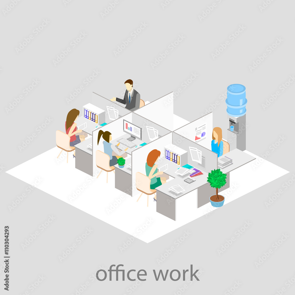Flat 3d isometric abstract office floor interior departments concept ...