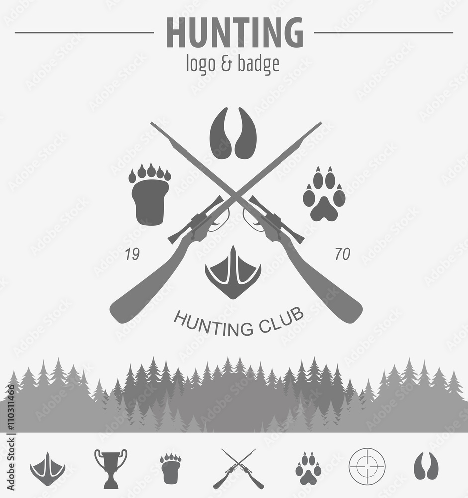 Hunting logo and badge template. Equipment. Flat design. Vector Stock ...