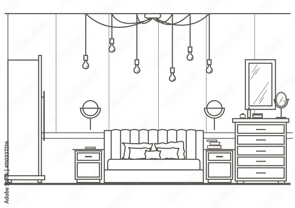 architectural sketch interior modern bedroom front view Stock Vector ...