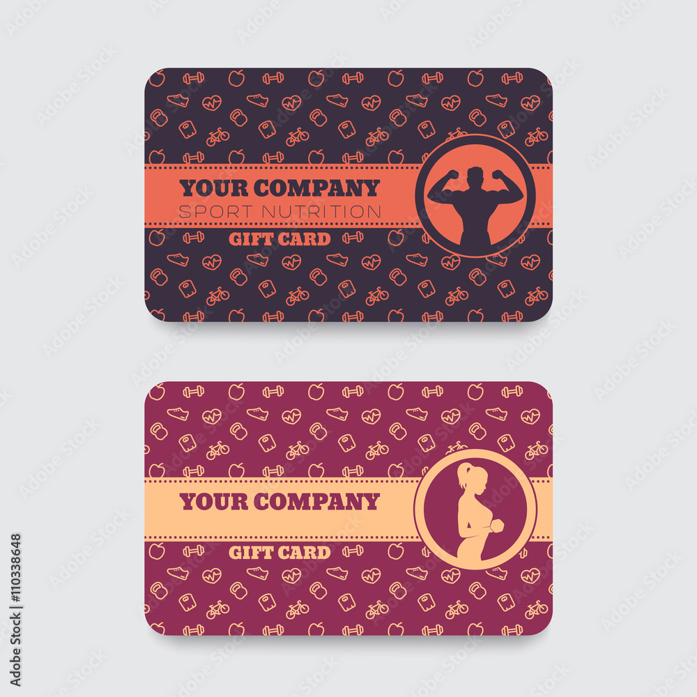 Gift card design for sport nutrition store, shop, vector illustration ...