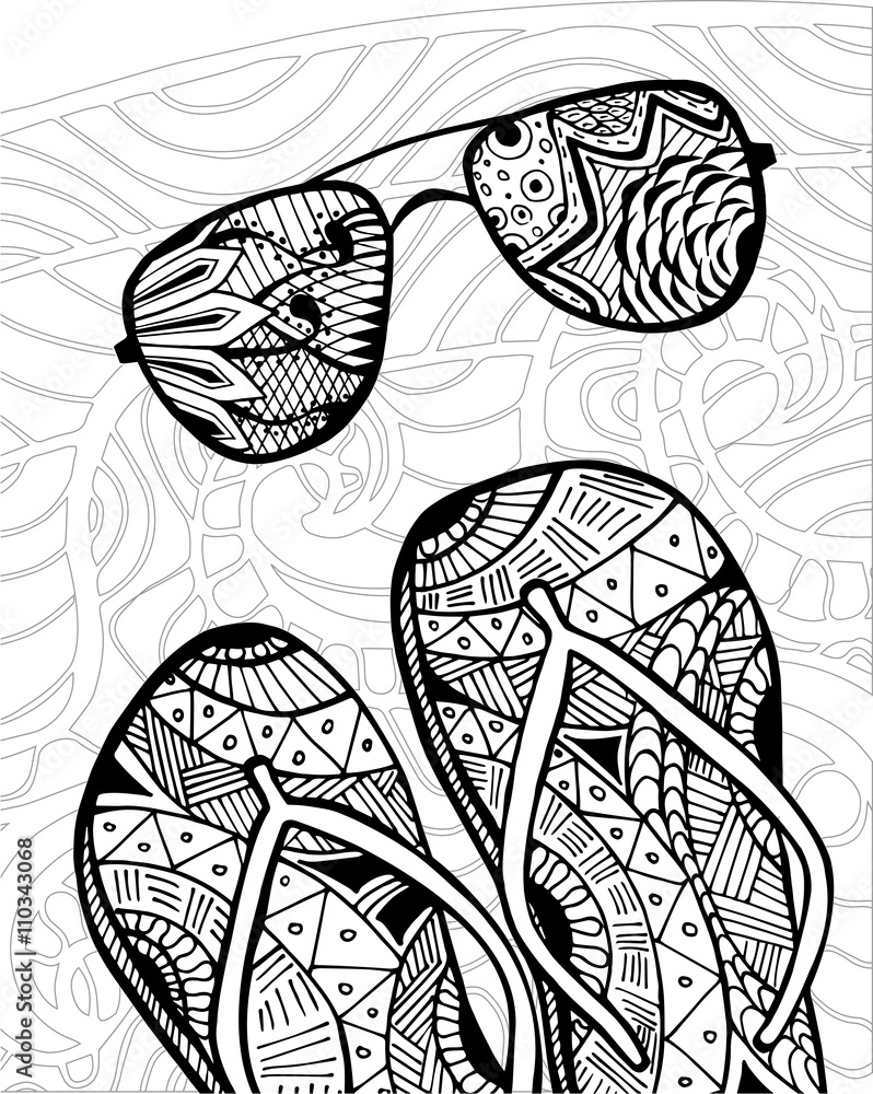 Hand drawn zentangle of flip flops at the beach for coloring book Stock ...