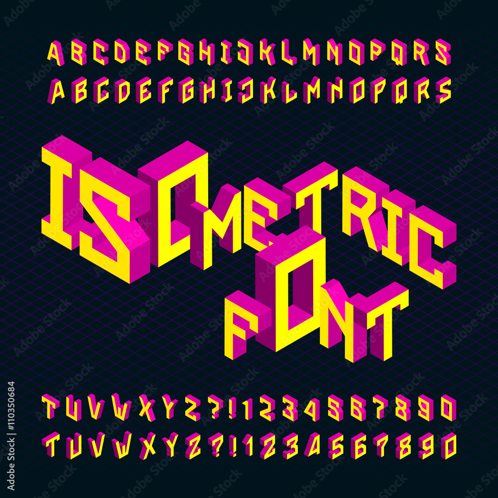 Isometric alphabet vector font. 3D bright letters and numbers on a dark ...