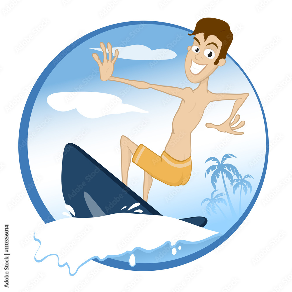 Cartoon young boy surfer riding on a wave vector cartoon illustration ...
