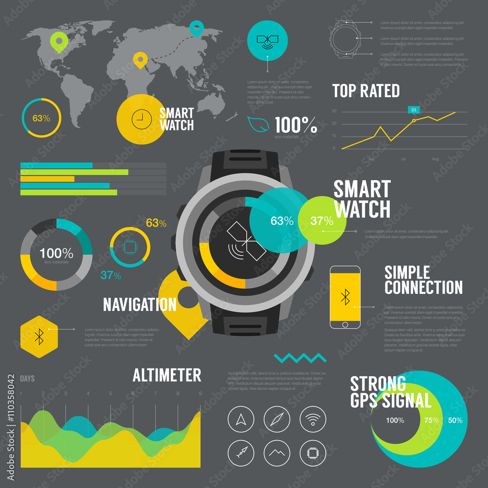 Premium quality flat color smart watch infographic on dark background ...