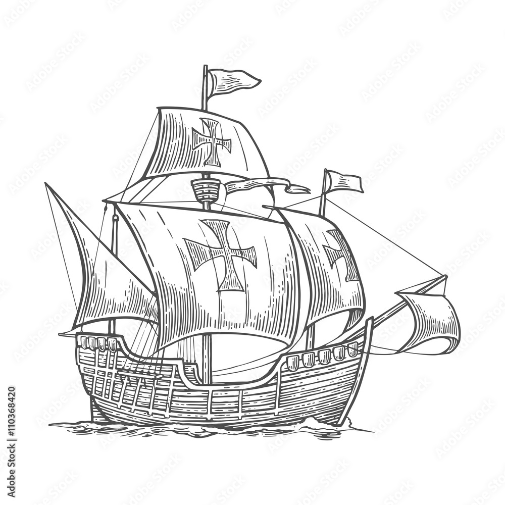 Vettoriale Stock Sailing ship floating on the sea waves. Caravel Santa ...