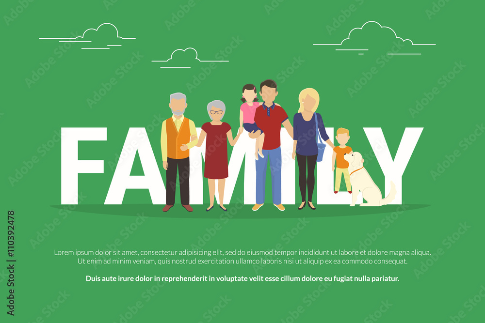 Full family concept illustration of big family portrait. Flat design of ...