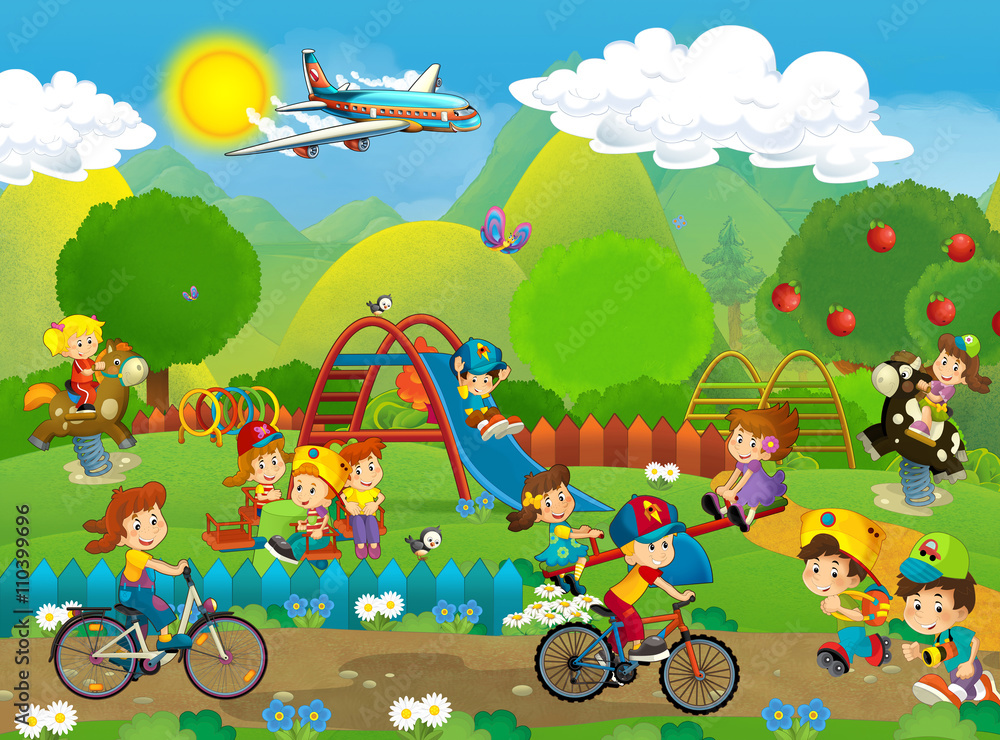 Cartoon scene of kids playing on the playground - having fun ...