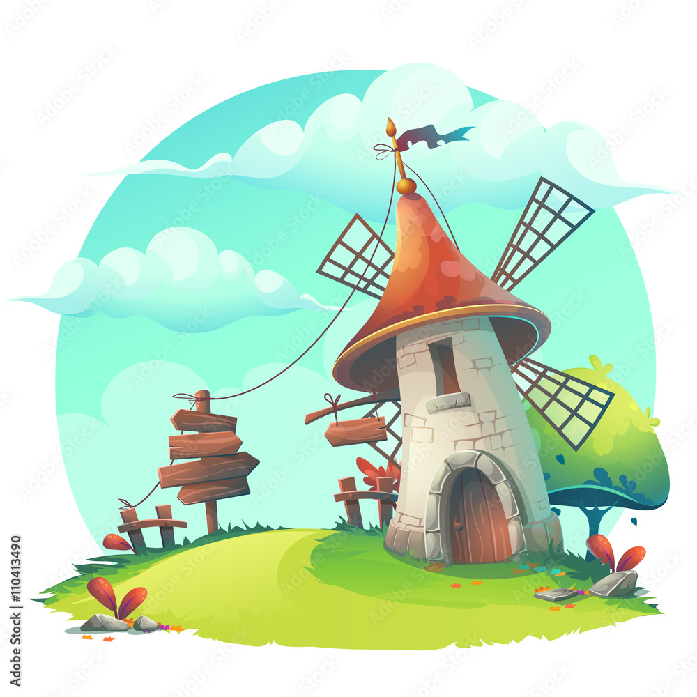 Vector cartoon illustration - background with a windmill Stock Vector ...