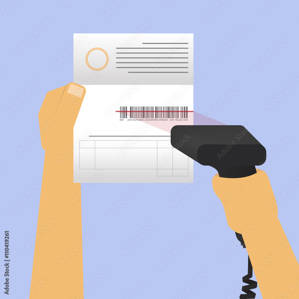 hand hold barcode Reader and scans barcode. Stock Vector | Adobe Stock