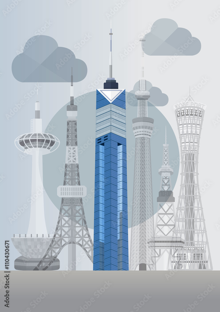 Japan Famous Tower Series Vector - Fukuoka Tower Stock Vector | Adobe Stock