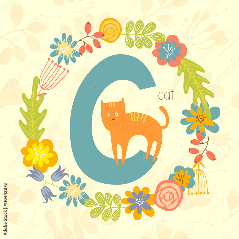 Cute Zoo alphabet, Cat with letter C and floral wreath in vector. Stock ...