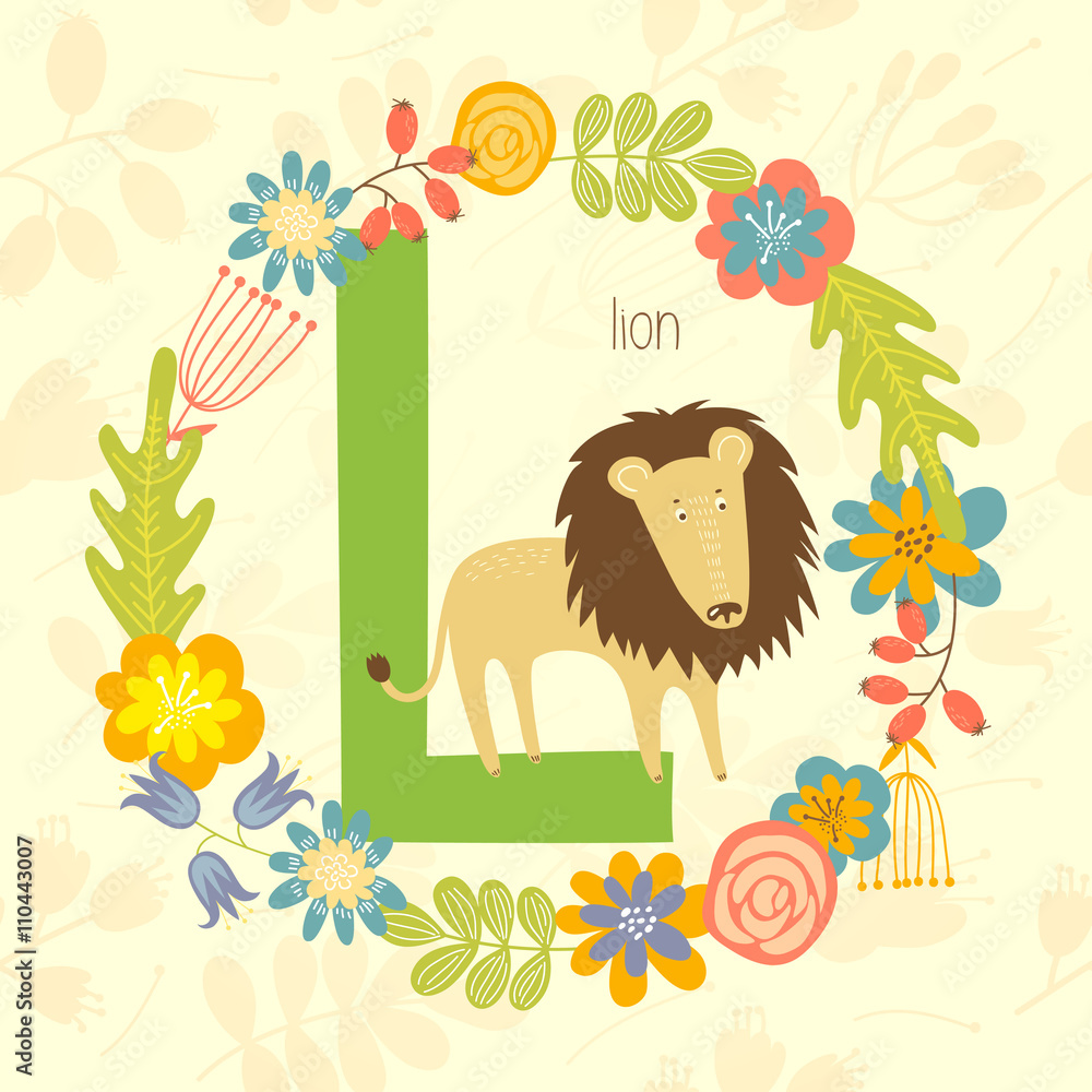 Cute Zoo alphabet, Lion with letter L and floral wreath in vector ...