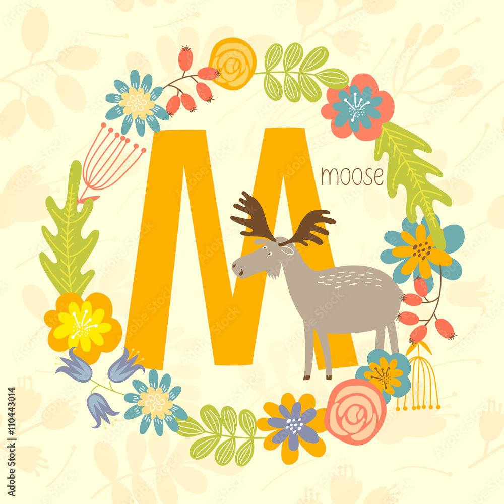 Cute Zoo alphabet, Moose with letter M and floral wreath in vector ...
