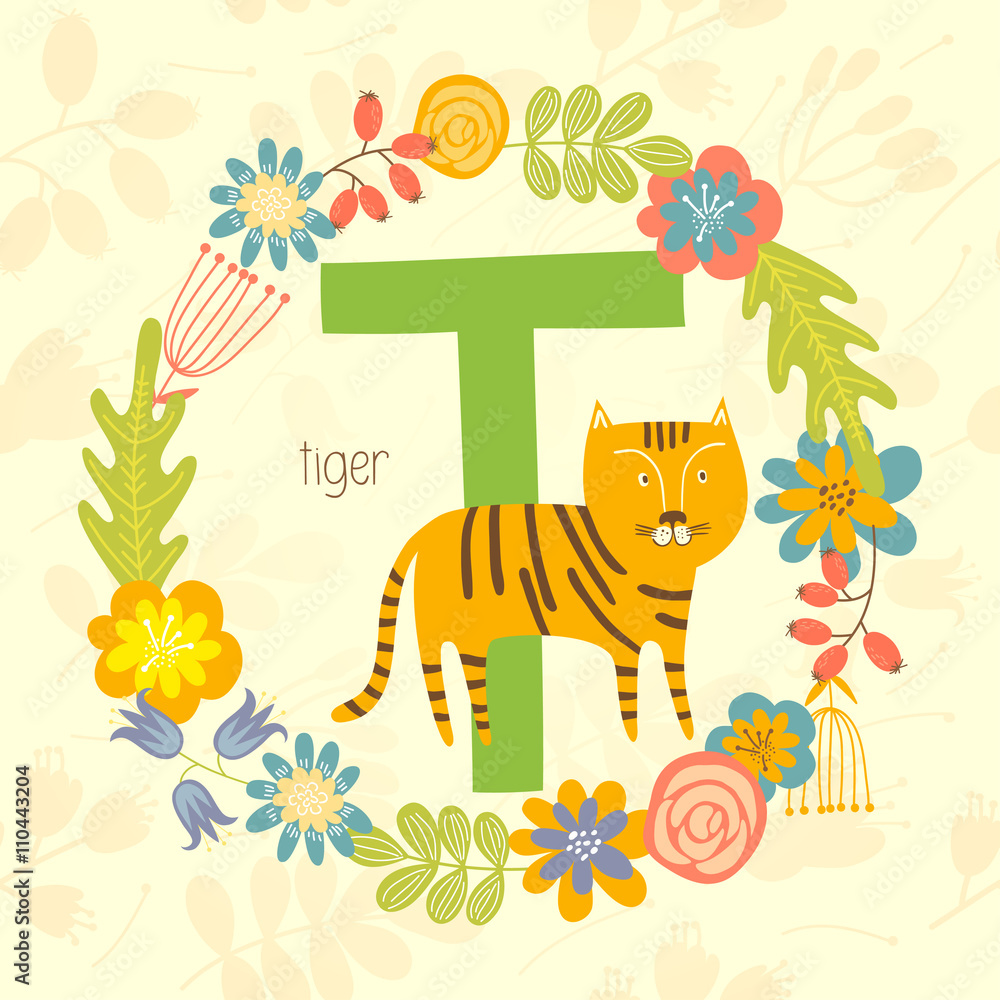 Cute Zoo alphabet, Tiger with letter T and floral wreath in vector ...