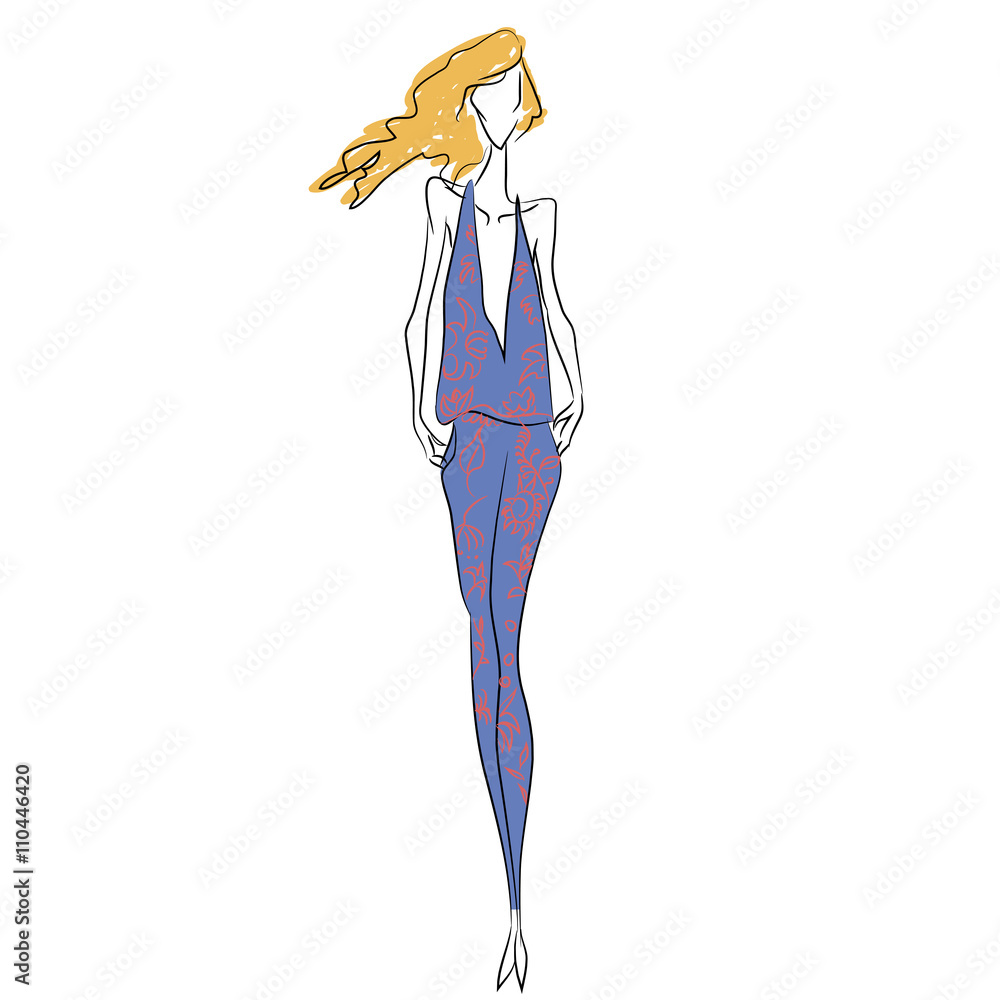 Vector fashion sketch. Beautiful model walking on runway in fashion ...