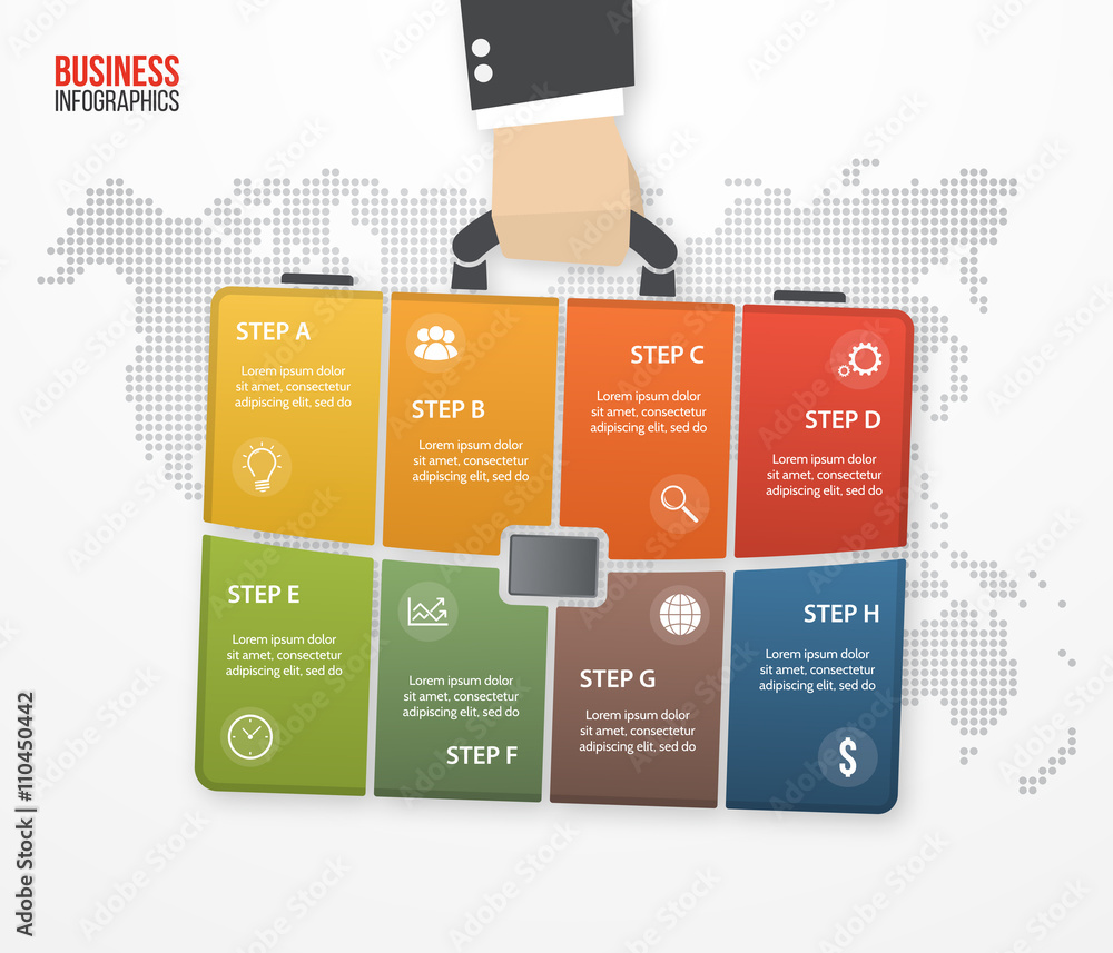 Vector briefcase infographic with businessman hand hold bag. Business ...