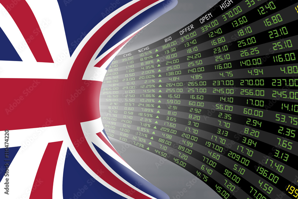 Flag of the United Kingdom with a large display of daily stock market ...