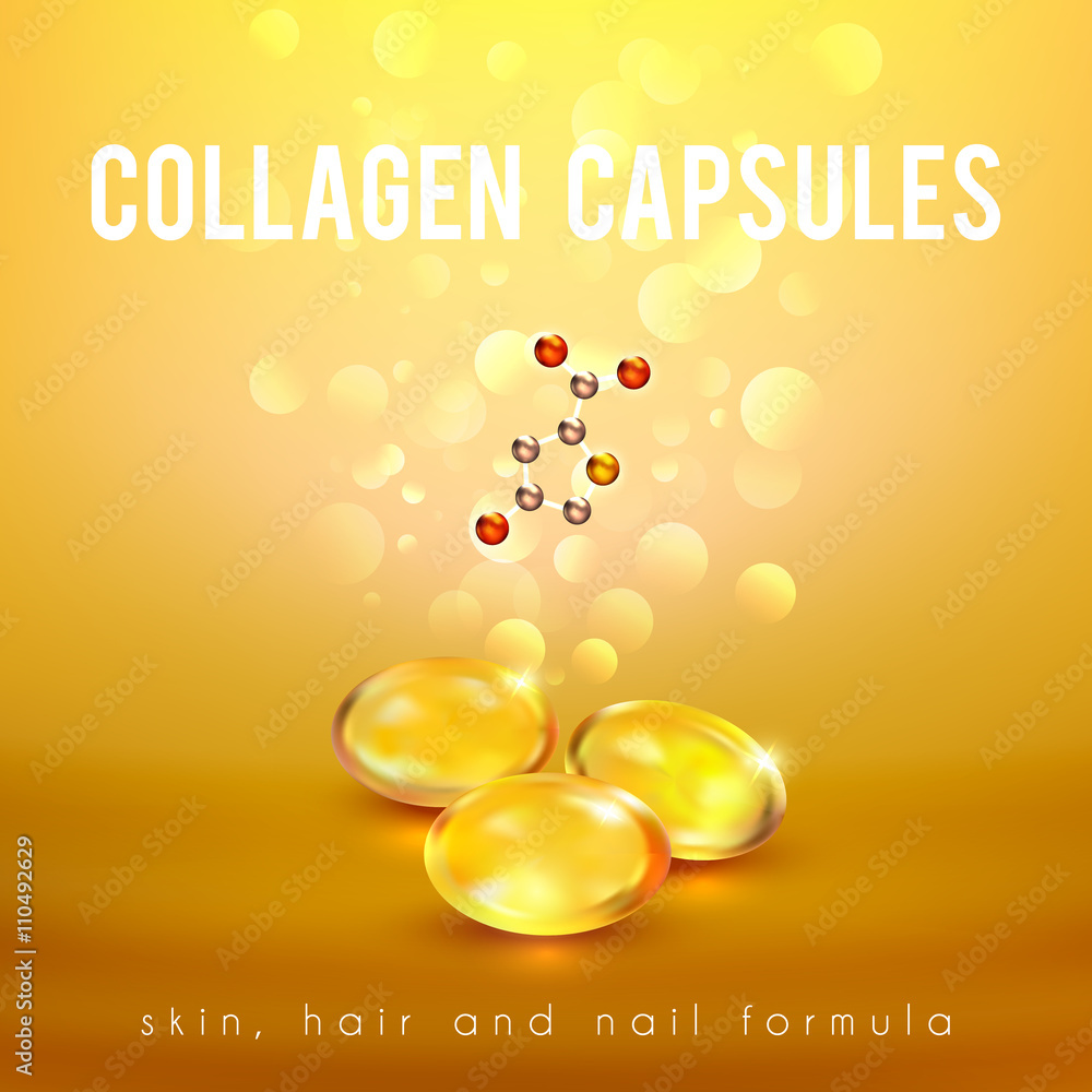 Collagen Formula Capsules Golden Background POster Stock Vector | Adobe ...