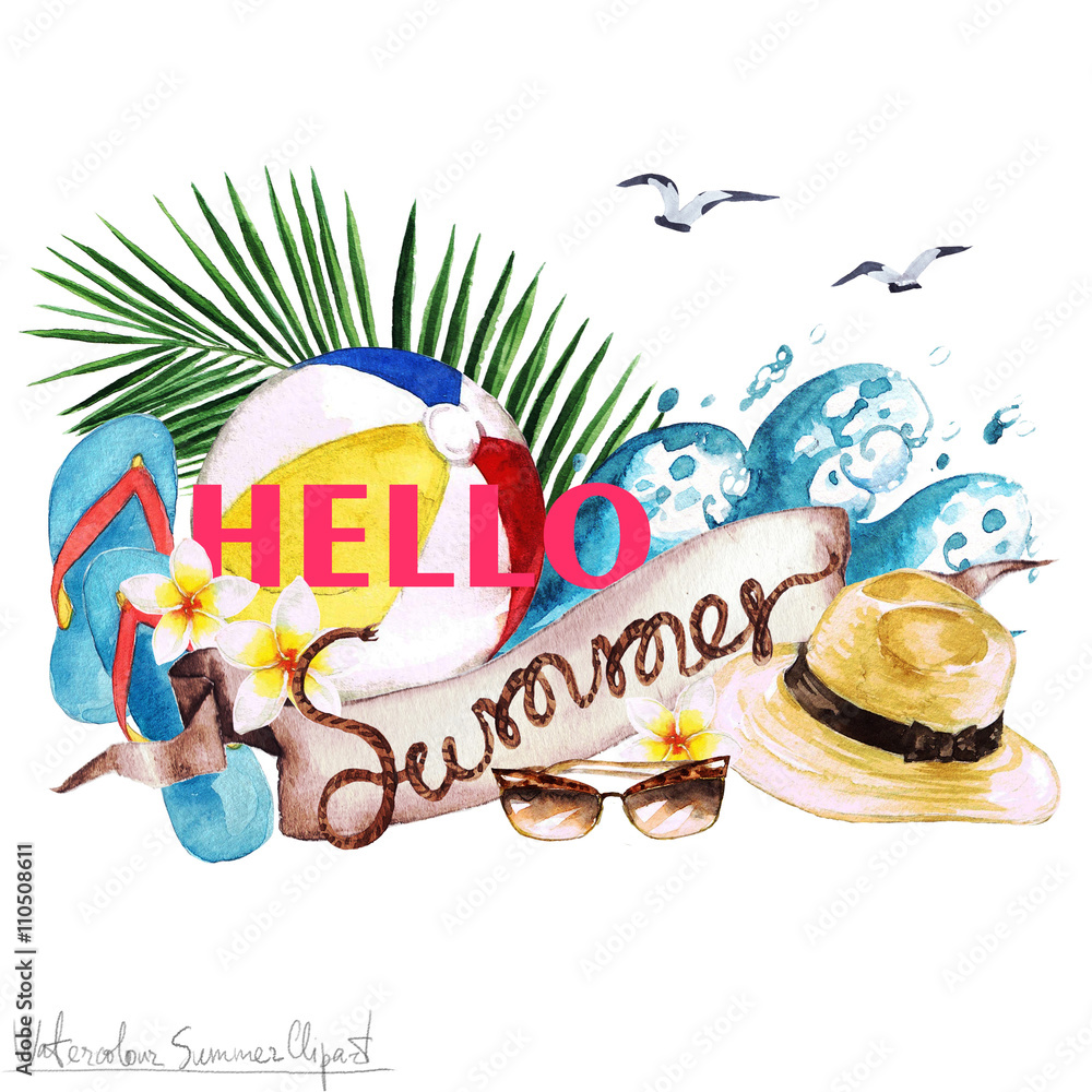 Watercolor Summer Clipart - Hello Summer Stock Illustration | Adobe Stock