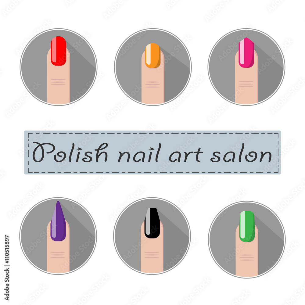 Set of nail shapes. Nail shape icons. Type of polish nail shapes. Set ...