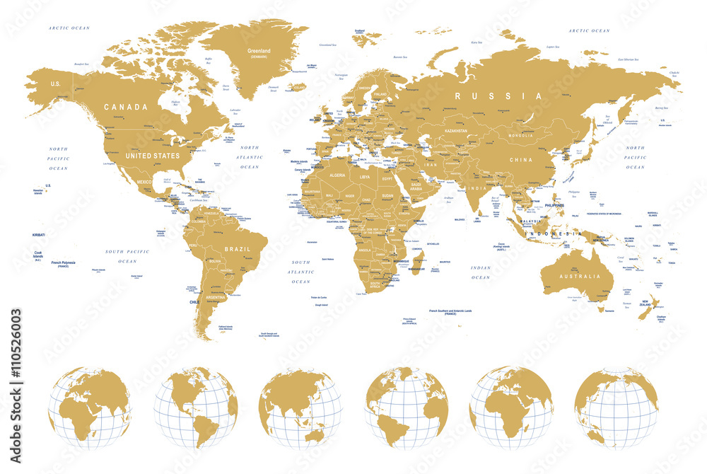 Golden World Map - borders, countries, cities and globes - illustration ...