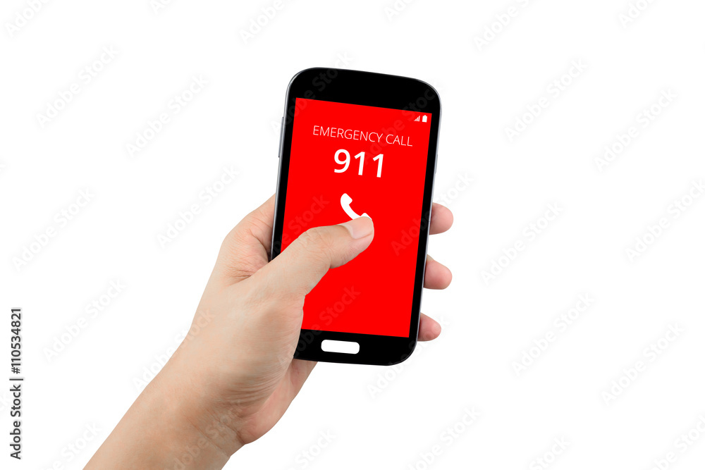 hand holding black smartphone with emergency number 911 on the screen ...