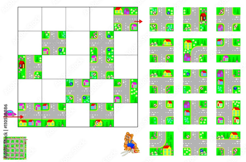 Logic puzzle with labyrinth. Cut the squares and place them correctly ...