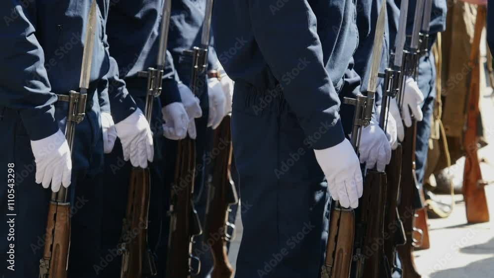 Formation of soldiers in dress parade uniform. National holiday ...