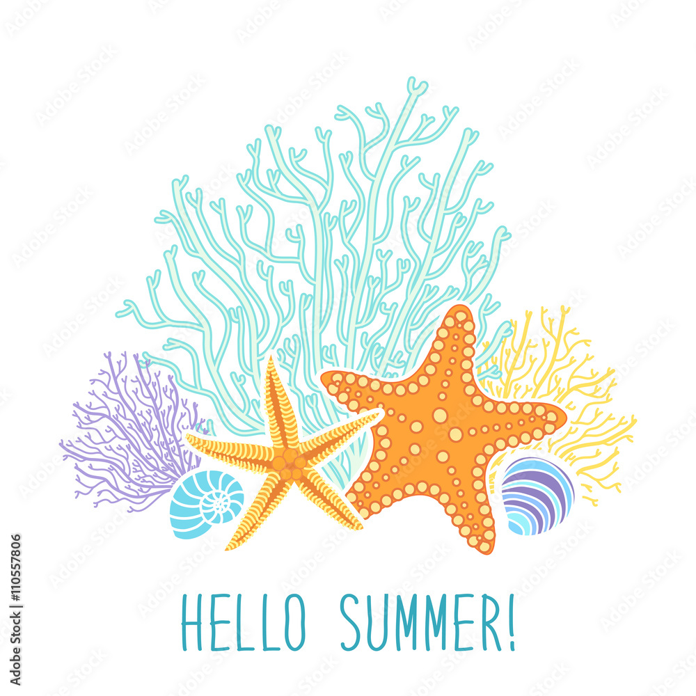 Cute marine background with hand drawn shells and starfishes and hand ...