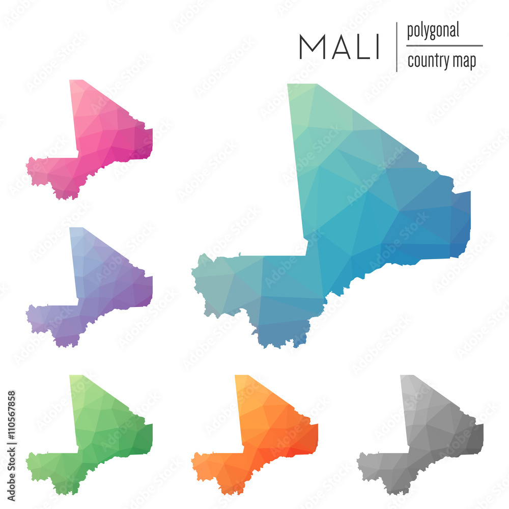Set of vector polygonal Mali maps. Bright gradient map of country in ...