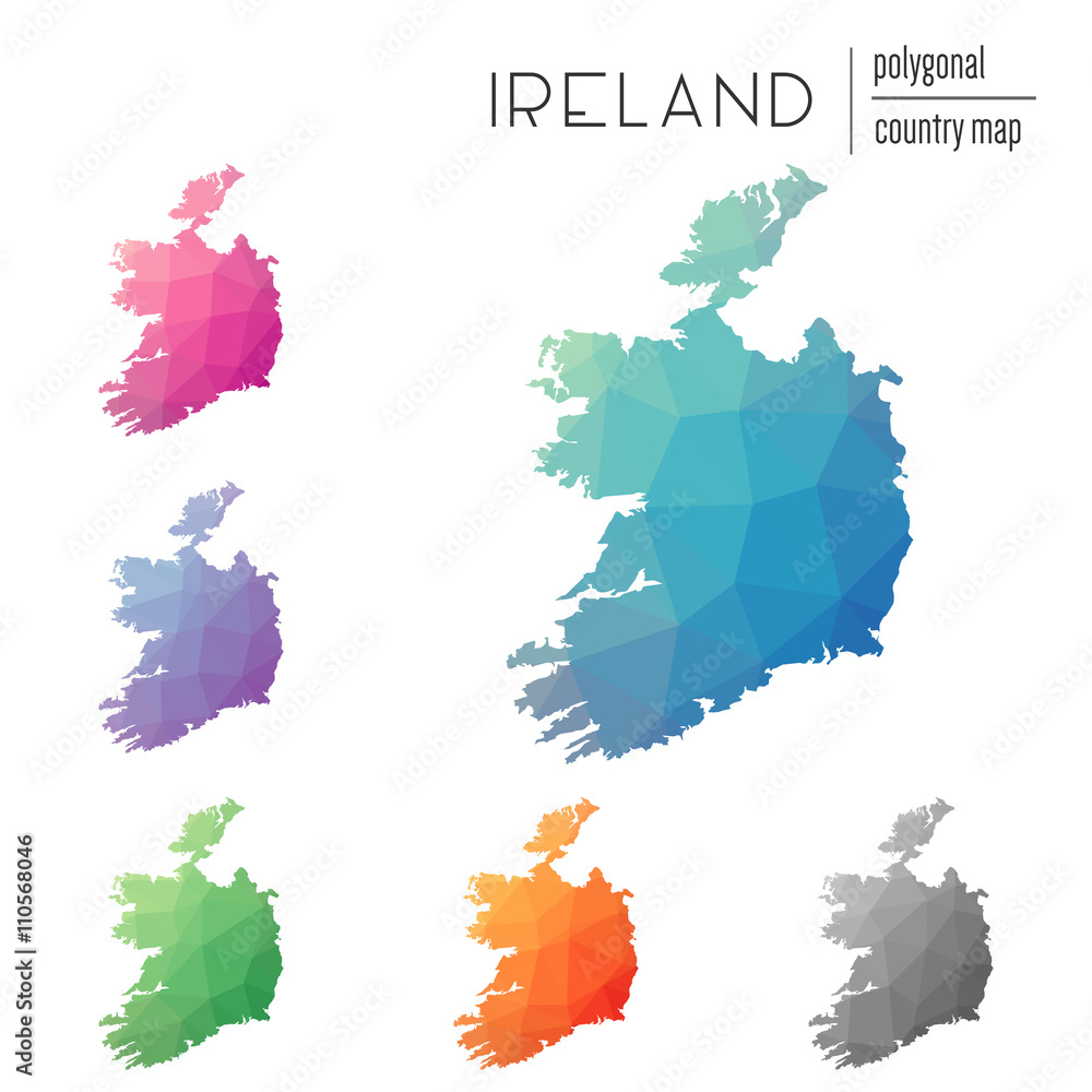 Set of vector polygonal Ireland maps. Bright gradient map of country in ...
