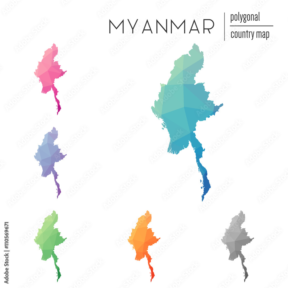 Set of vector polygonal Myanmar maps. Bright gradient map of country in ...