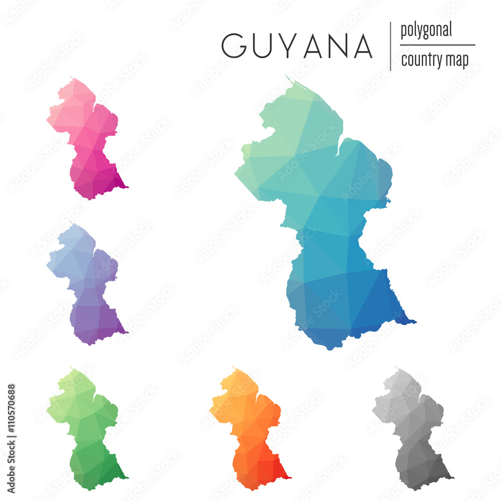 Set of vector polygonal Guyana maps. Bright gradient map of country in low poly style ...