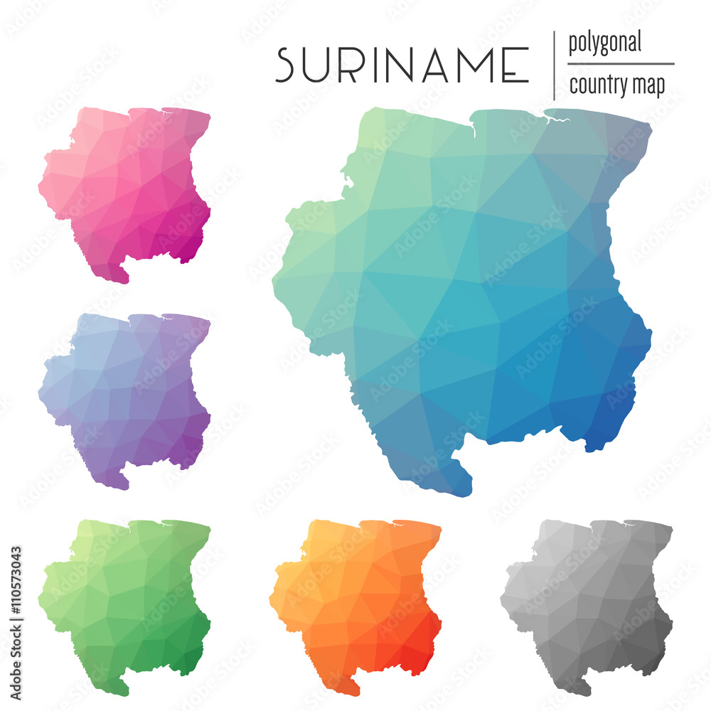 Set of vector polygonal Suriname maps. Bright gradient map of country in low poly style ...