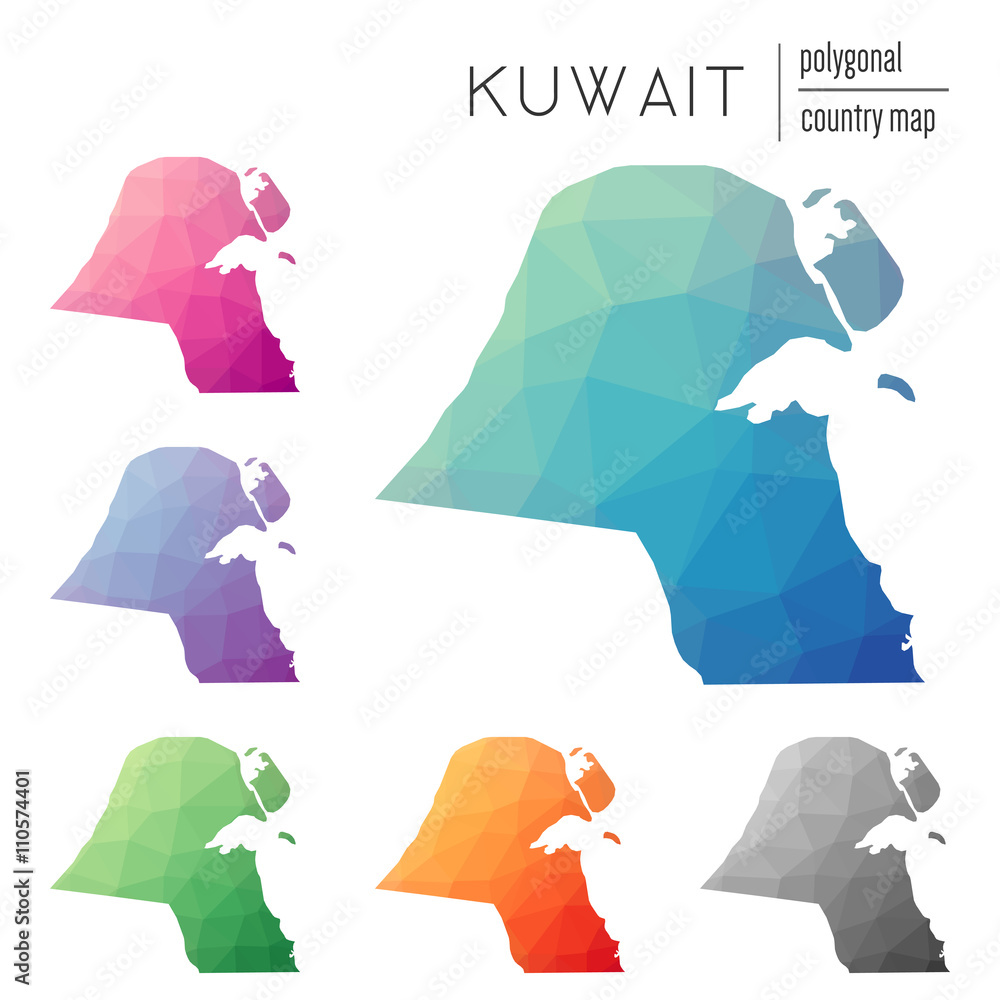 Set of vector polygonal Kuwait maps. Bright gradient map of country in ...
