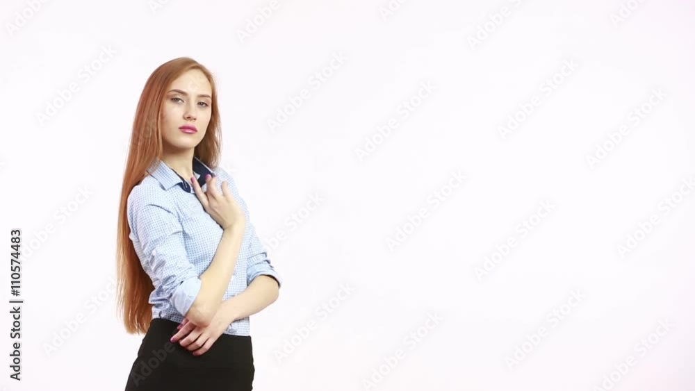 women gesture of seduction, preening. girl in blous. Isolated on white ...