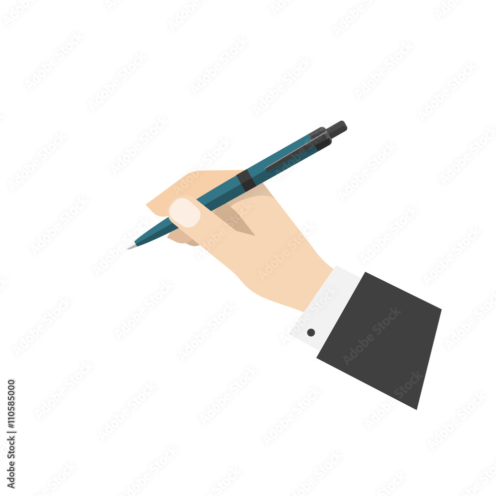 Hand holding ball pen illustration, biro pen in hand ready to write or ...