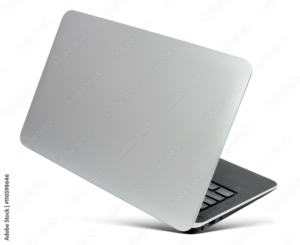 Flying thin aluminium laptop, rear view, isolated on a white Stock ...