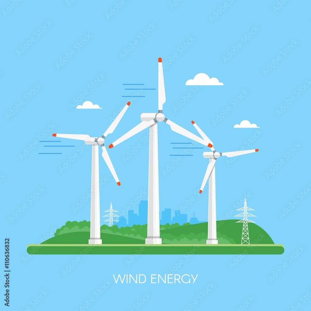 Wind power plant and factory. Turbines. Green energy industrial concept ...
