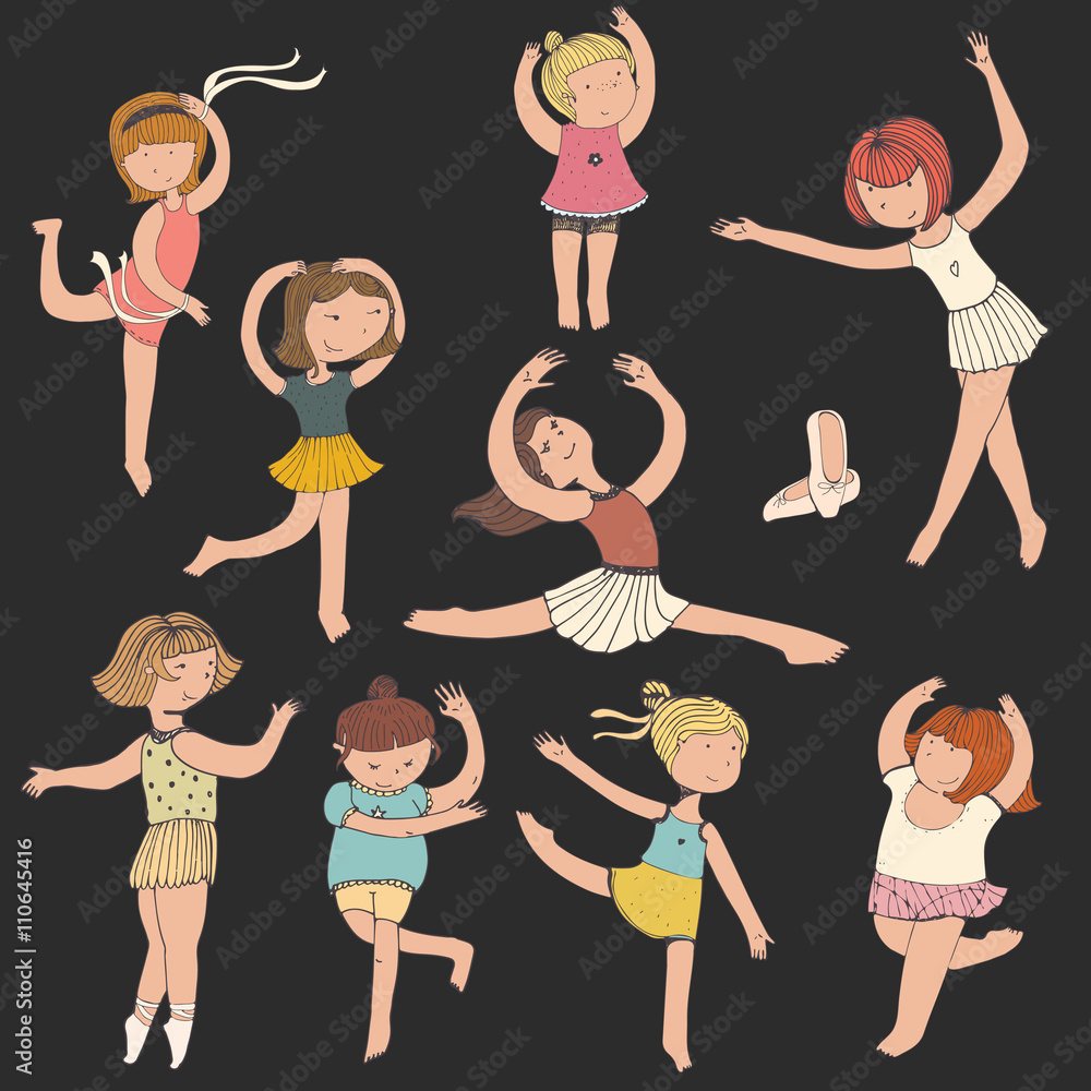 Set of dancing young girls, isolated on black, fun, kind, brightly ...