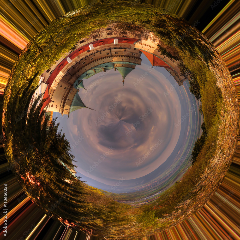 Panoramic view of romantic castle at 360 degree, mini planet. Stock ...