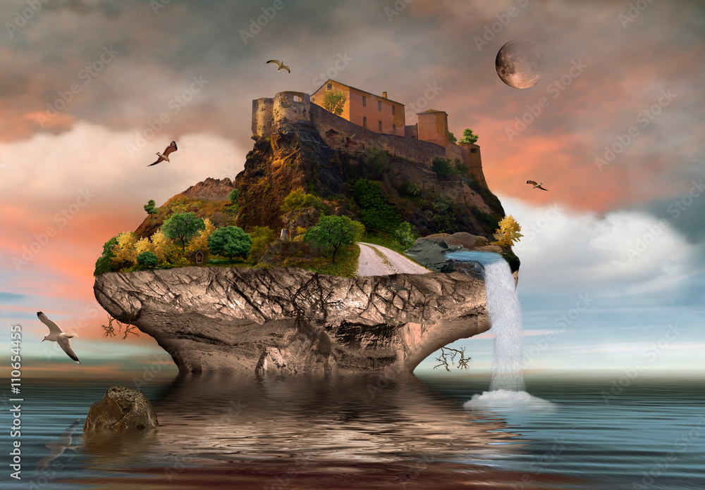 Insel mit historischer Festung, Burg im Meer Stock-Illustration | Adobe ...