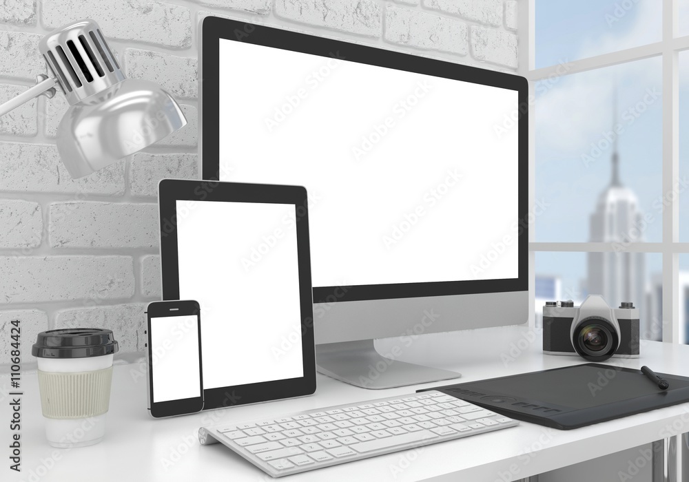 Responsive mockup screen. Monitor, tablet, phone on table in office. 3d ...