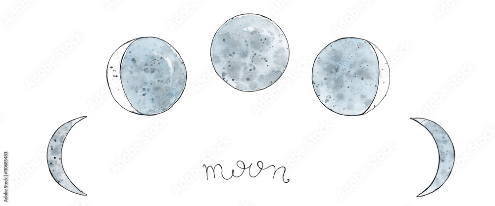 Watercolor hand drawn art sketch of Moon phases Lettering Moon Stock ...