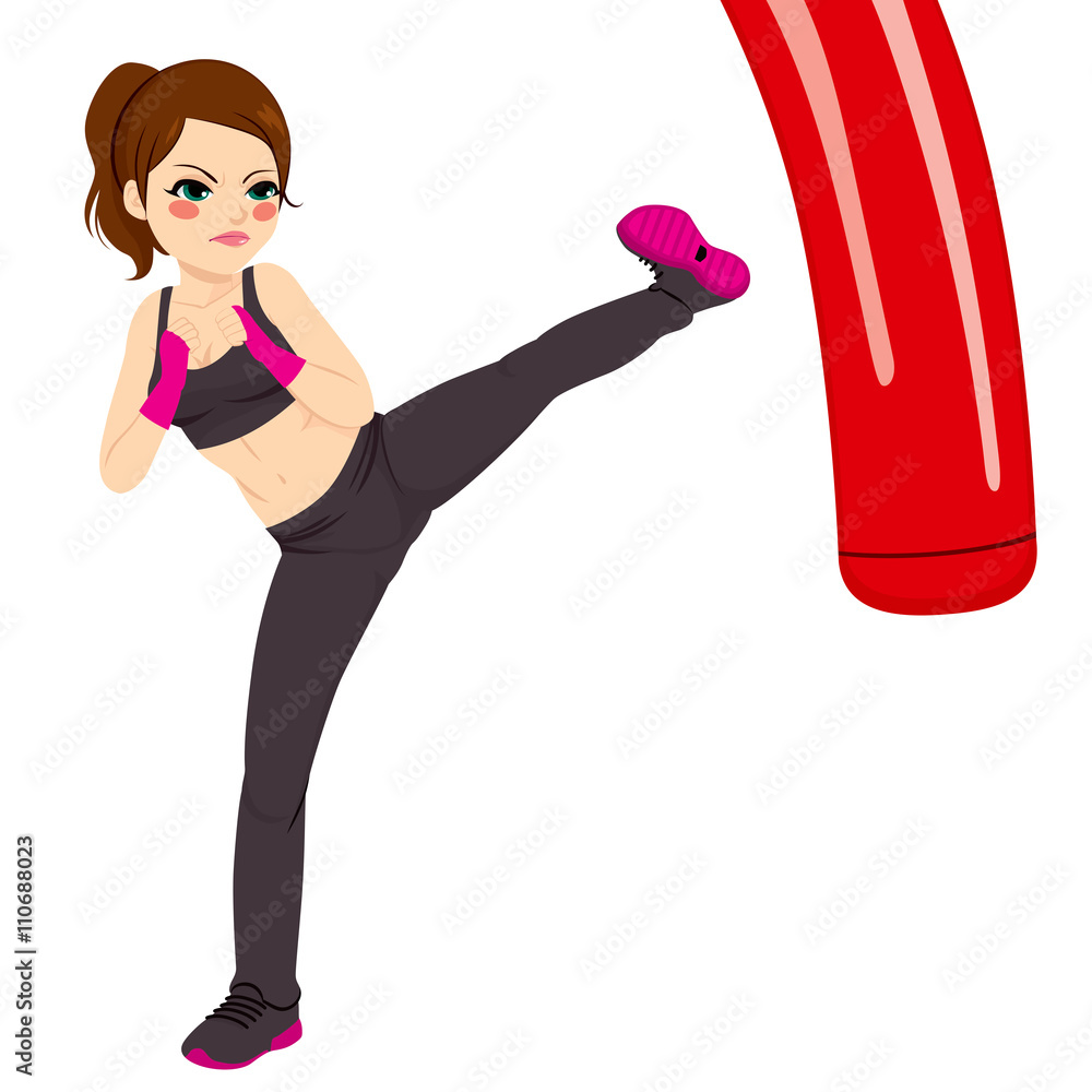 Strong Kickboxing Woman Practicing Her Powerful Kick With Red Punching